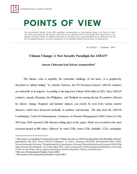 Climate Change: A New Security Paradigm for ASEAN | Anuson Chinvanno ...