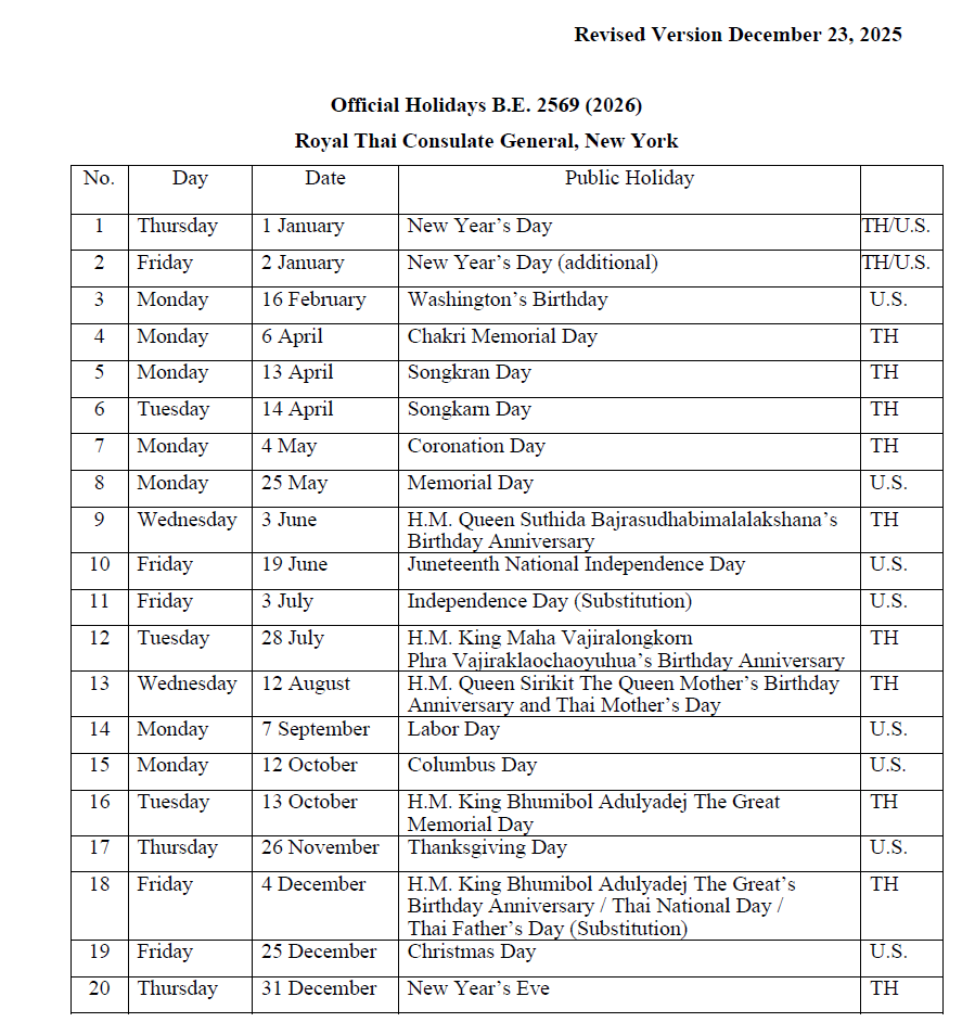 About us/Official Holidays - สถานกงสุลใหญ่ ณ นครนิวยอร์ก
