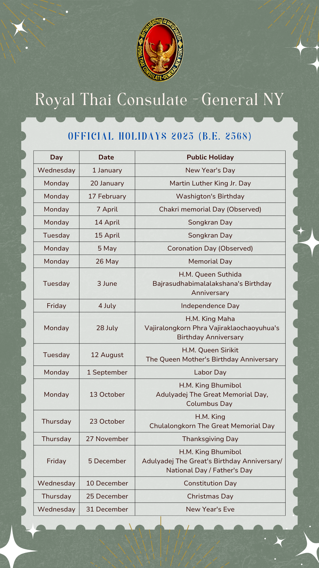 About us/Official Holidays - สถานกงสุลใหญ่ ณ นครนิวยอร์ก