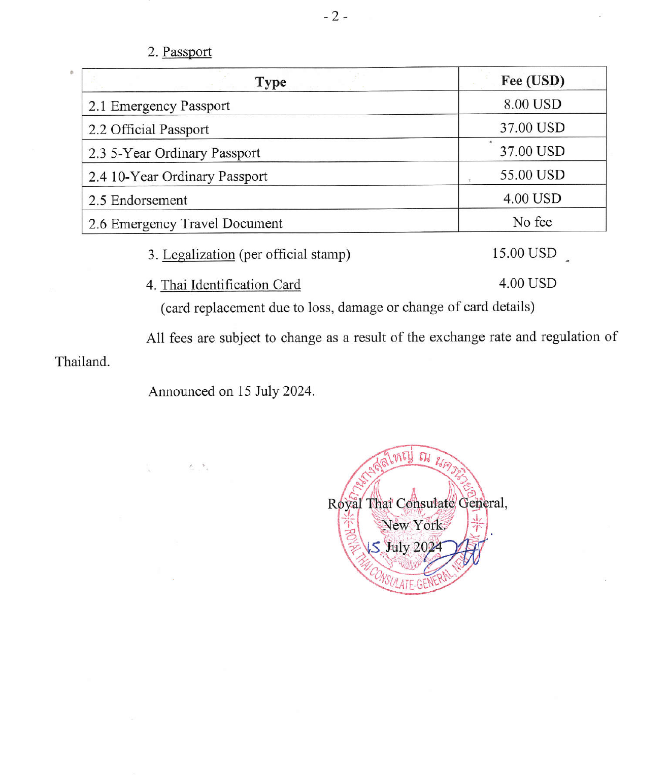 Update on the Consular Services fee 2024 - สถานกงสุลใหญ่ ณ นครนิวยอร์ก