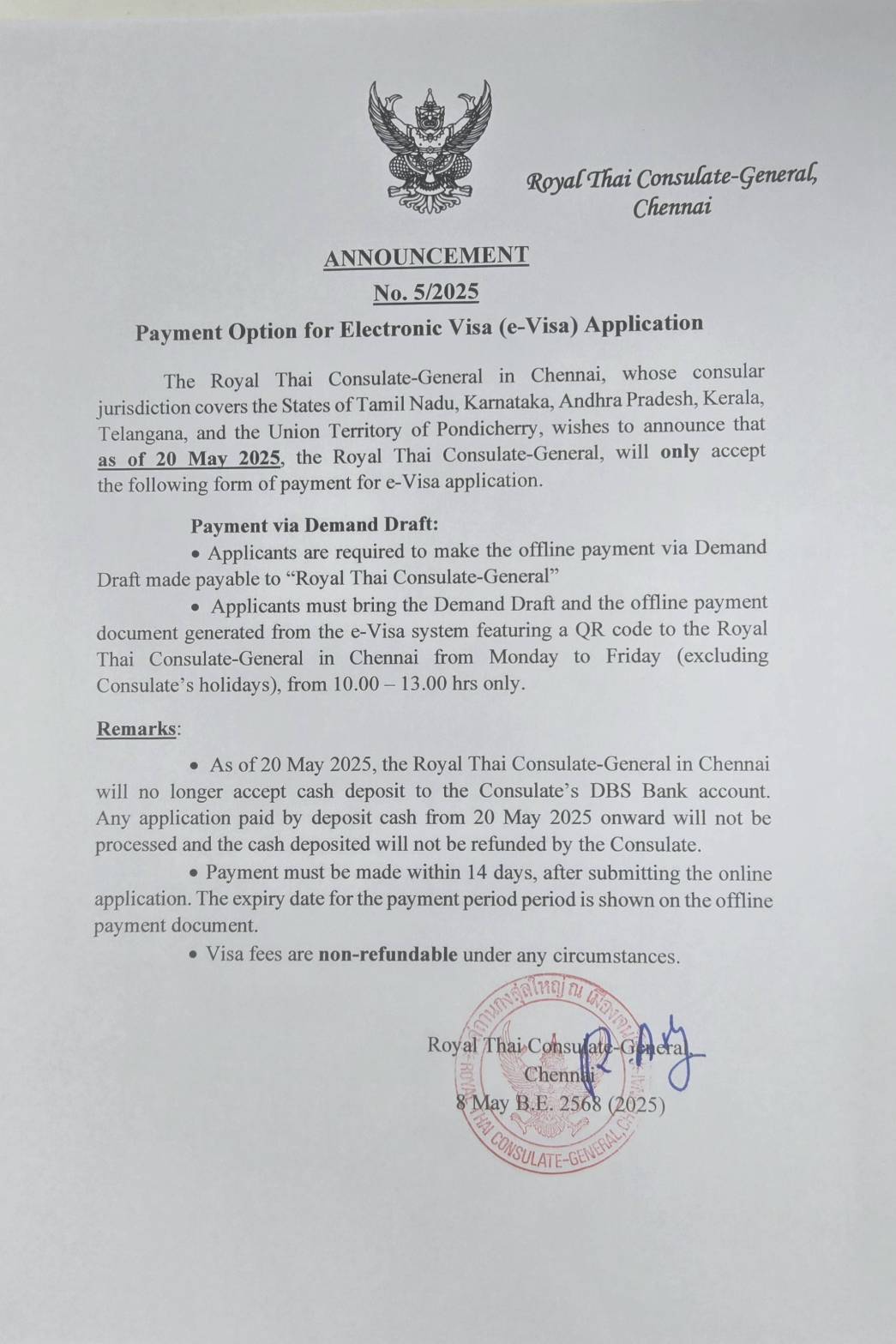 ANNOUNCEMENT No. 5/2025 Payment Option for Electronic Visa (e-Visa) Application The Royal Thai ...