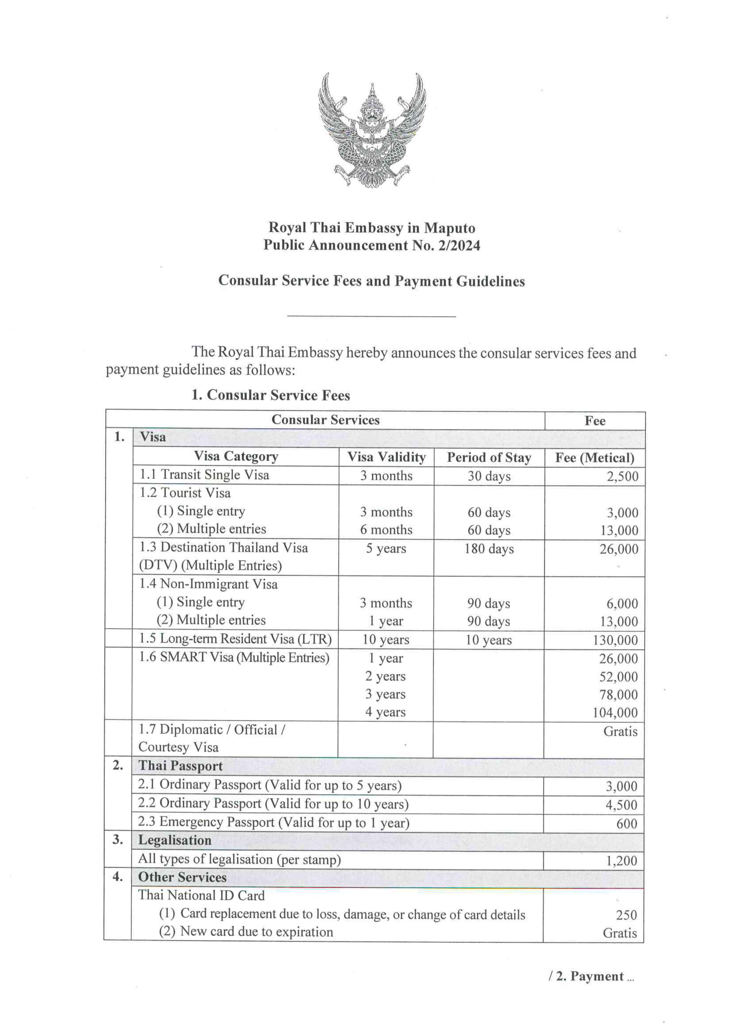 Royal Thai Embassy in Maputo Public Announcement No. 2/2024 Consular ...