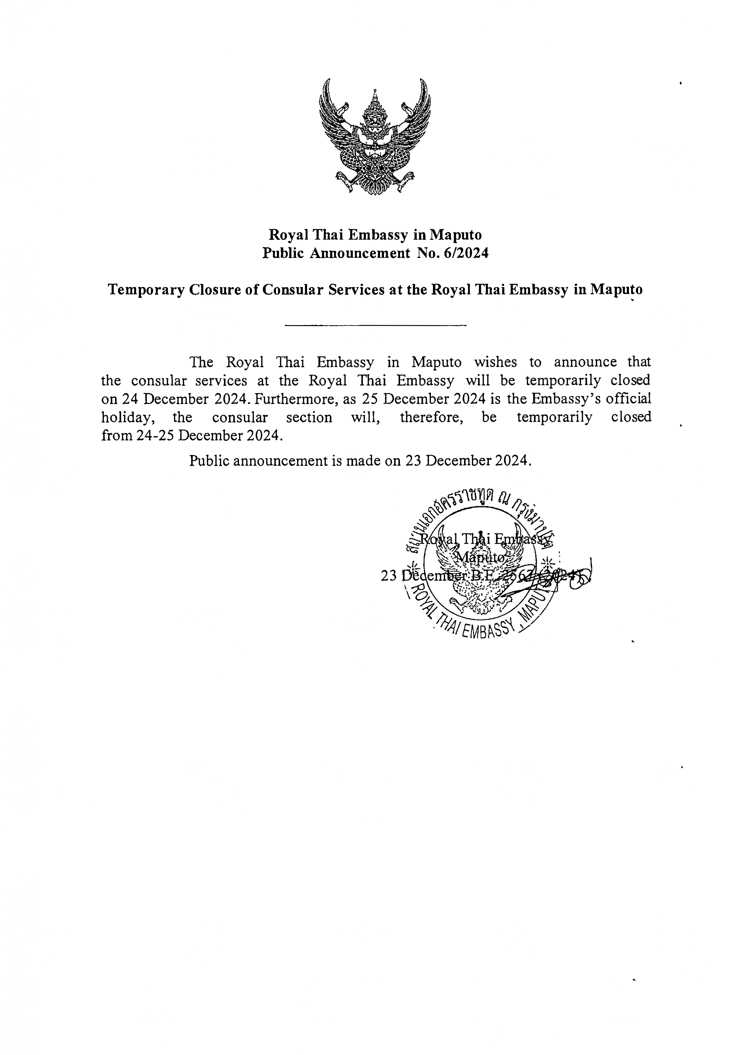 Royal Thai Embassy in Maputo Public Announcement No. 6/2024 Temporary ...