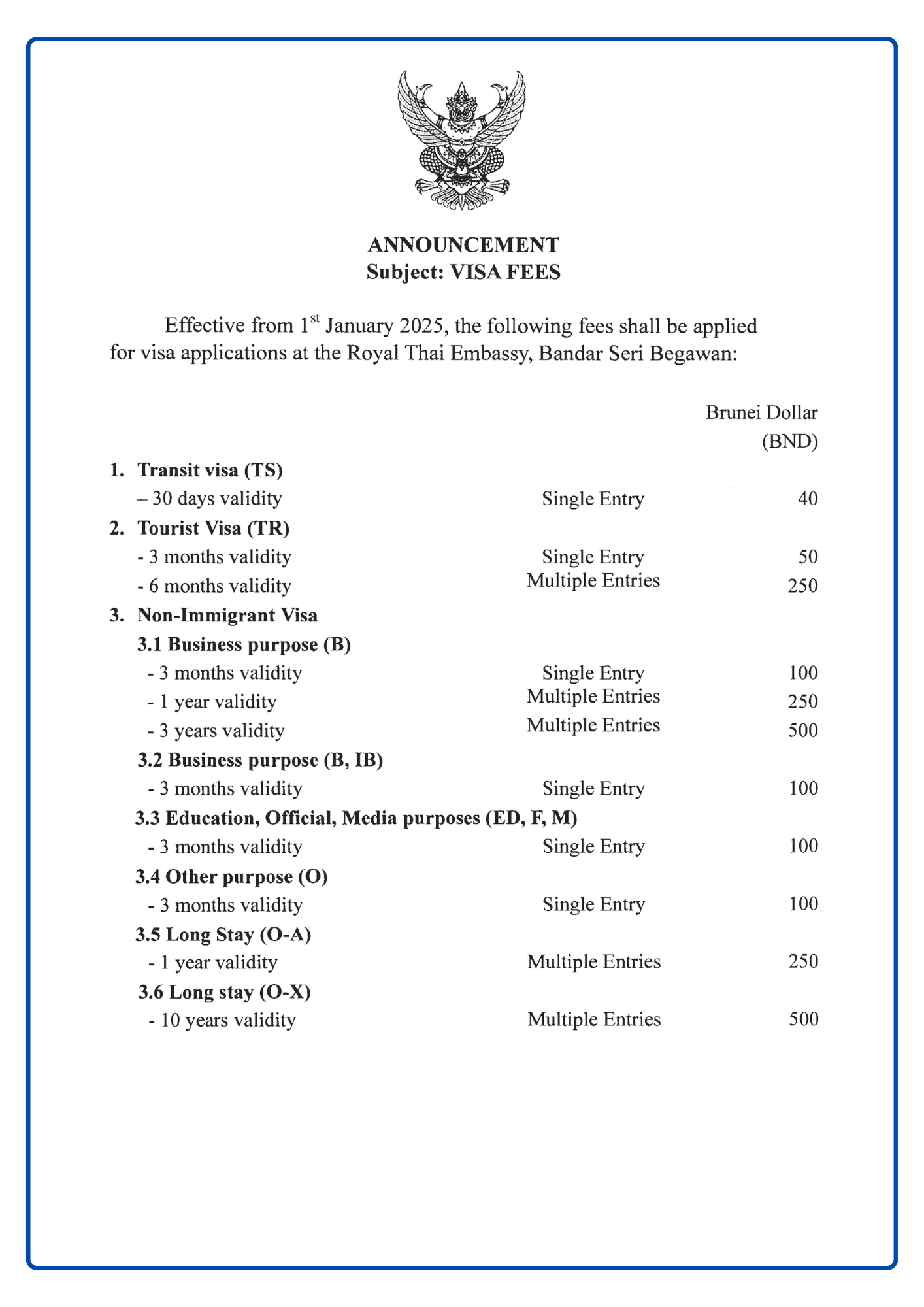 Visa Fees (effective from 1st January 2025) - Royal Thai Embassy ...