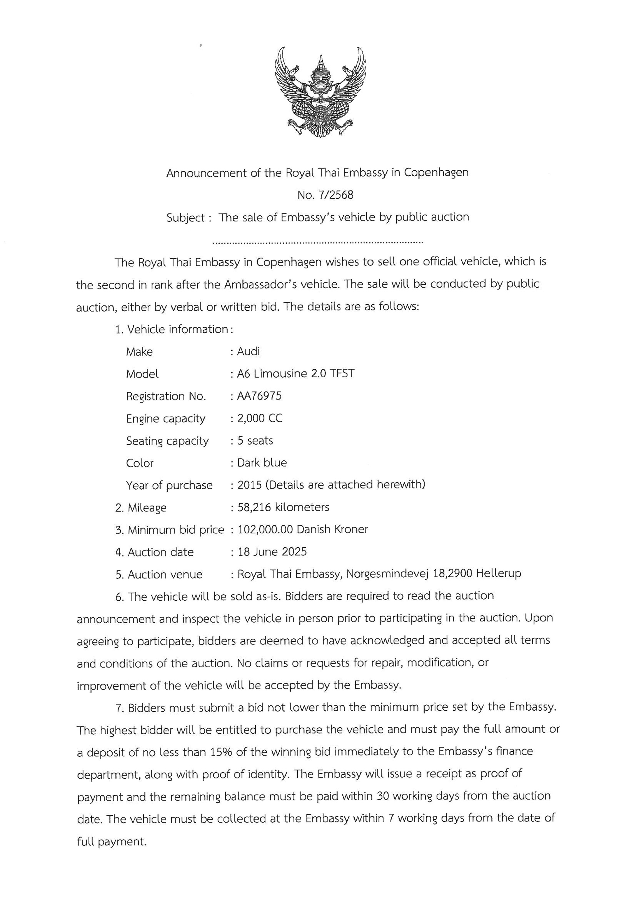 Announcement of the Royal Thai Embassy No.7/2568 Subject : The sale of ...