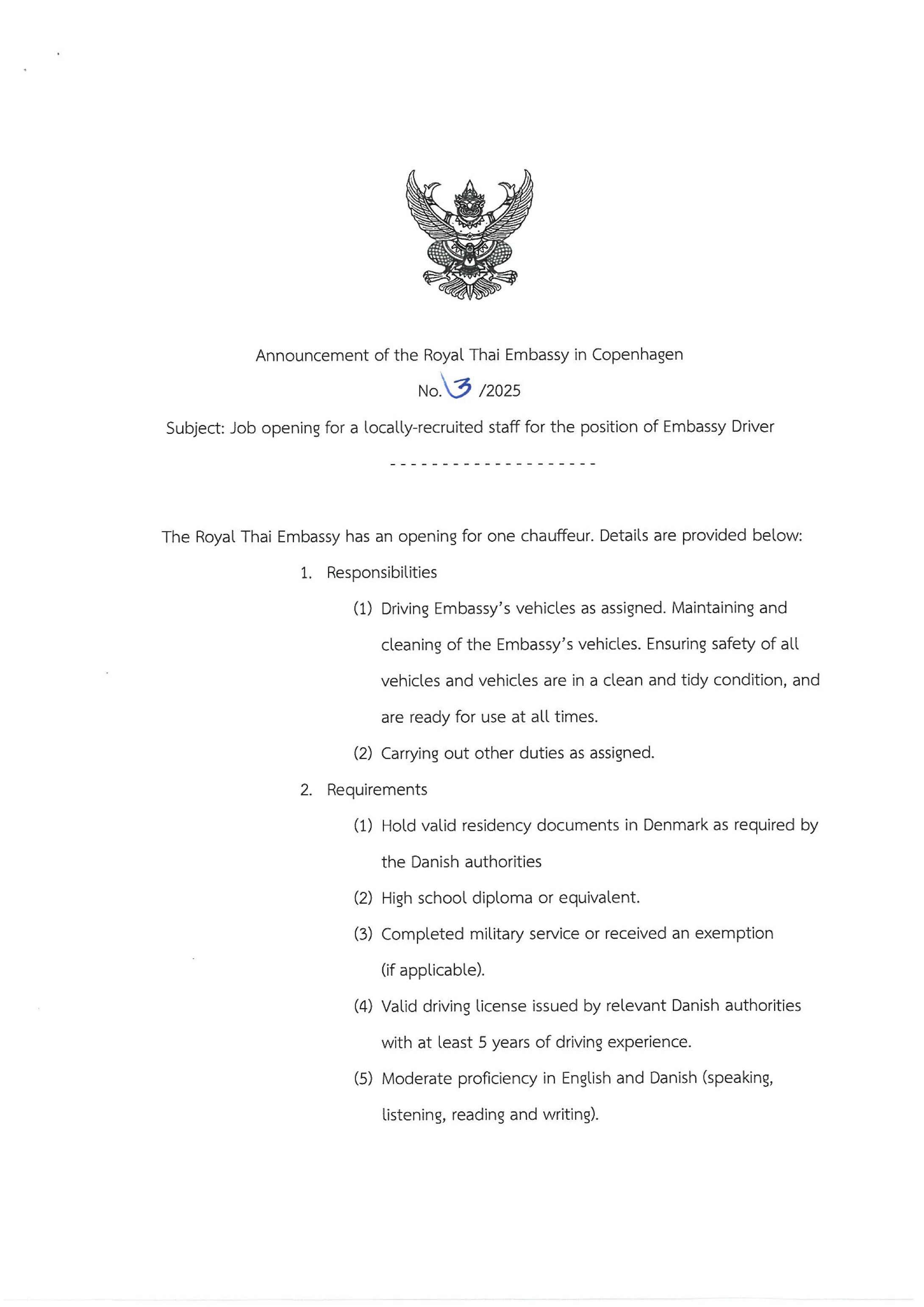 Announcement of the Royal Thai Embassy in Copenhagen No. 3/2025 Subject ...