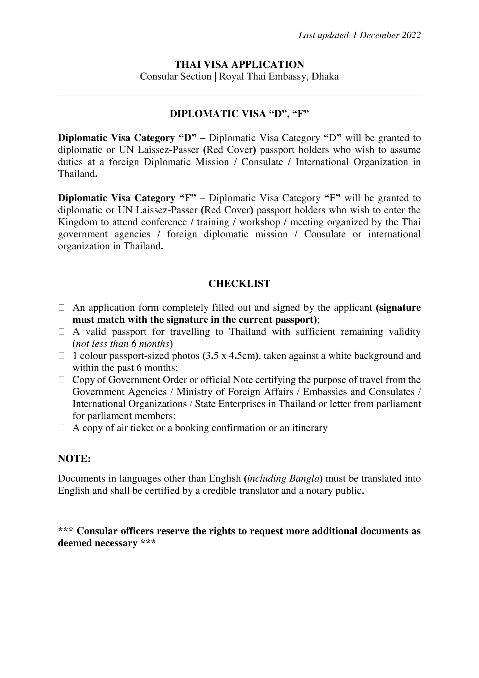 DIPLOMATIC VISA "D","F" - Royal Thai Embassy, Dhaka