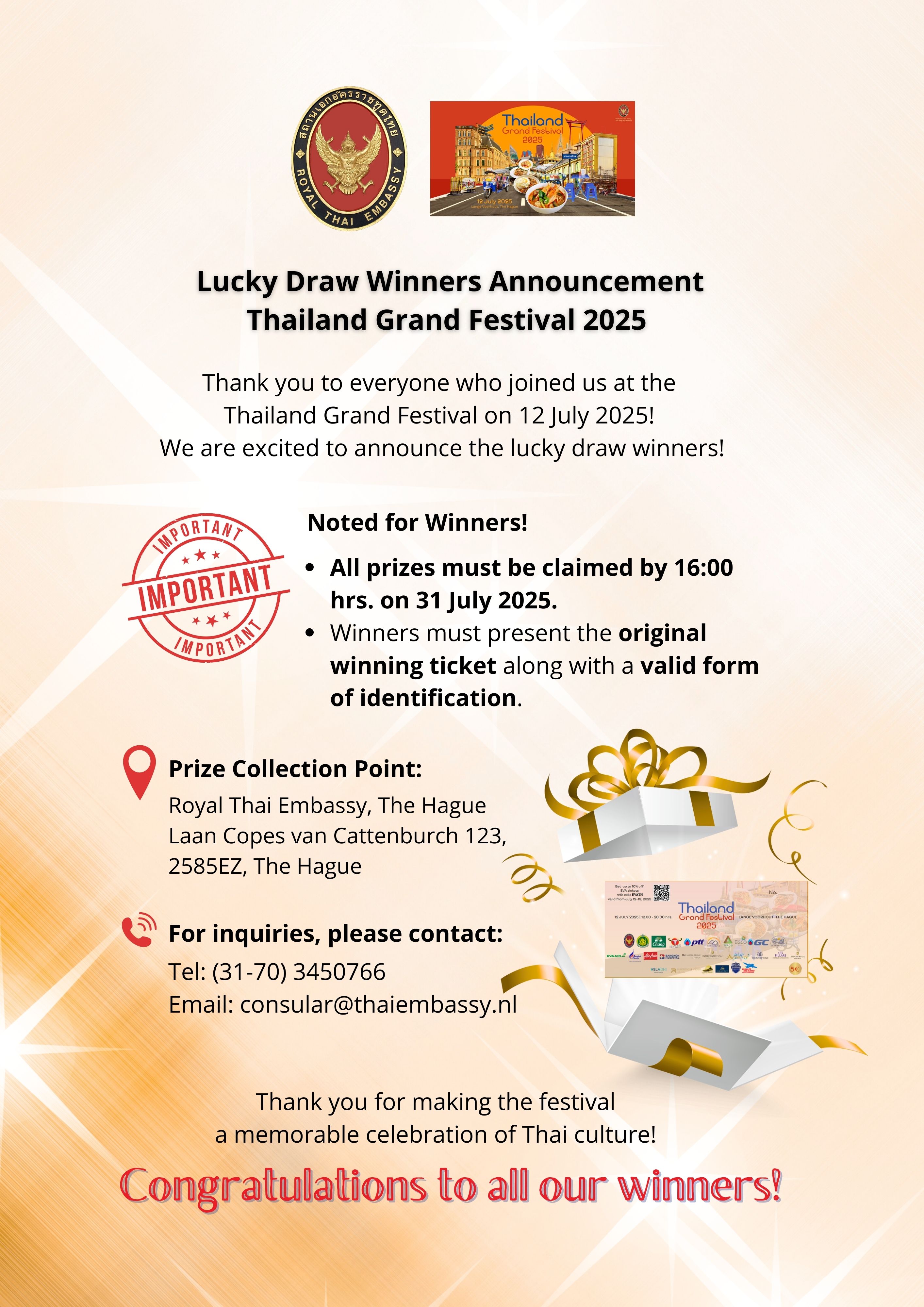 Lucky Draw Results, Thailand Grand Festival 2025 - สถานเอกอัครราชทูต ณ ...