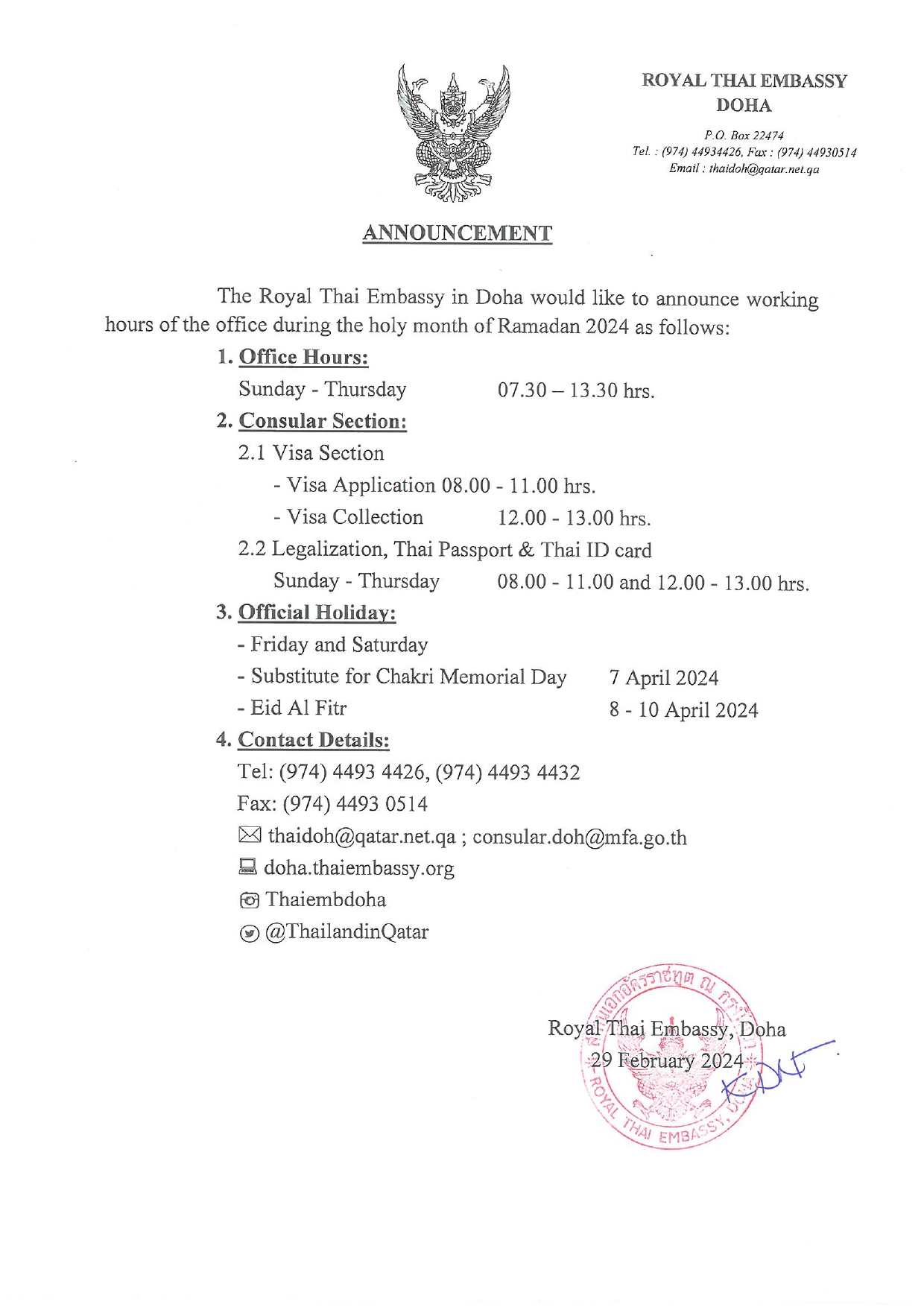 Office Hours during Ramadan 2024 - Royal Thai Embassy, Doha