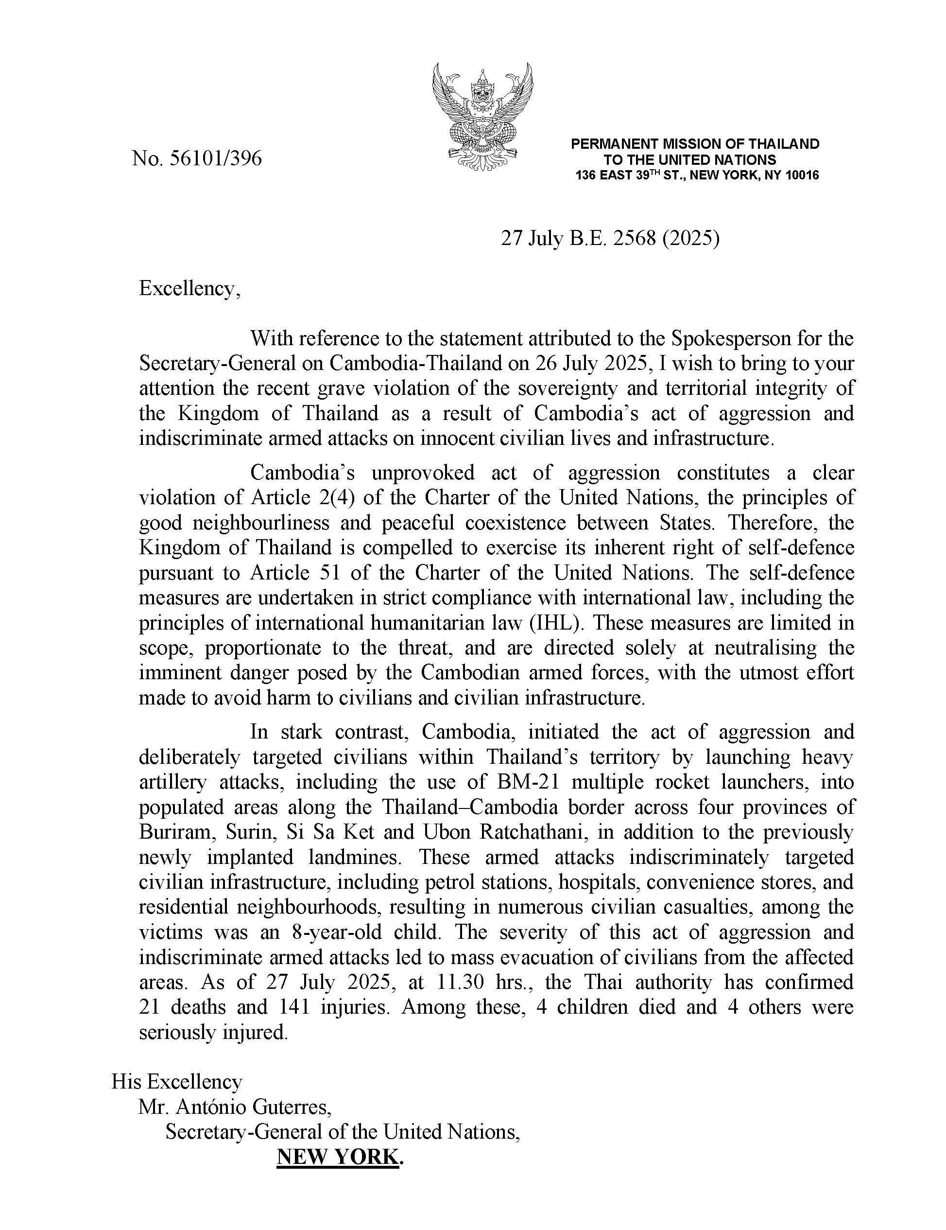 Bฺefore 28 July 2025, Thailand sent 4 letters to UNSG, ICRC, UNICEF ...