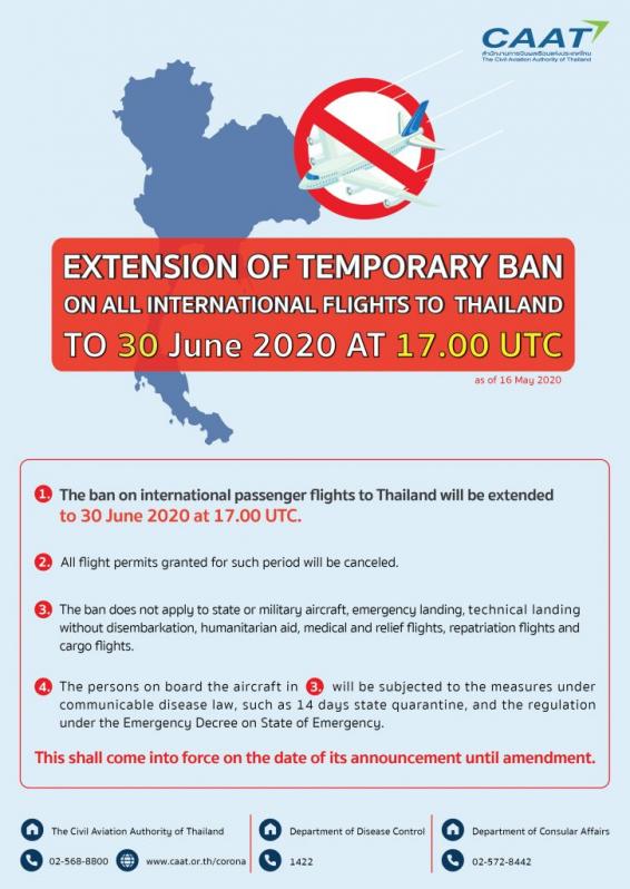 Extension of temporary ban on all international flights to Thailand ...