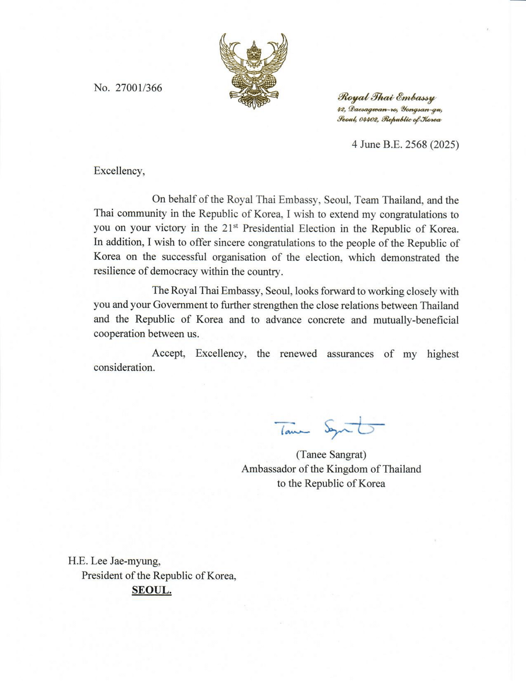 Congratulatory Message from the Ambassador of Thailand to the Republic ...