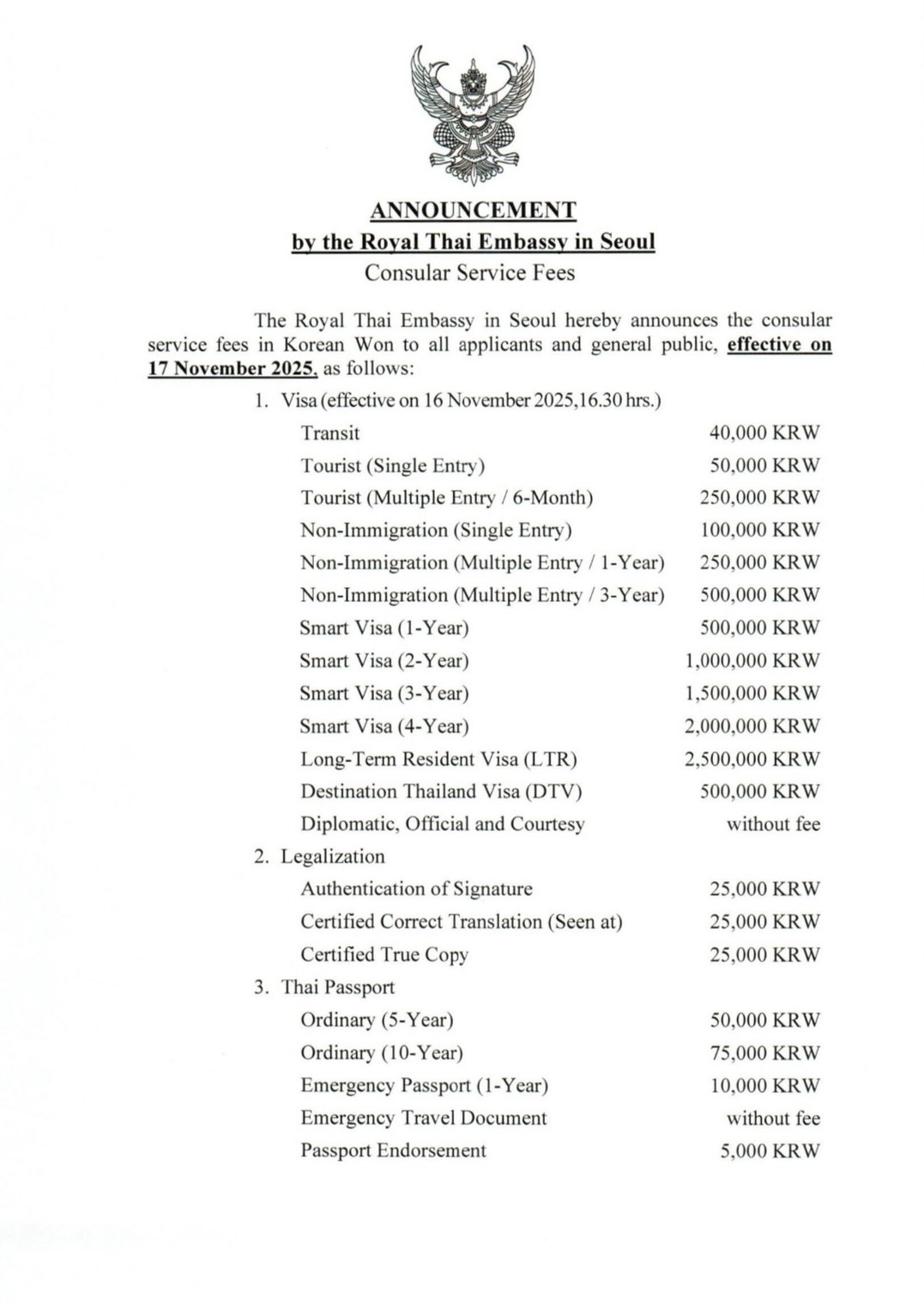 Application fees (effective from 17 November 2025) - Royal Thai Embassy