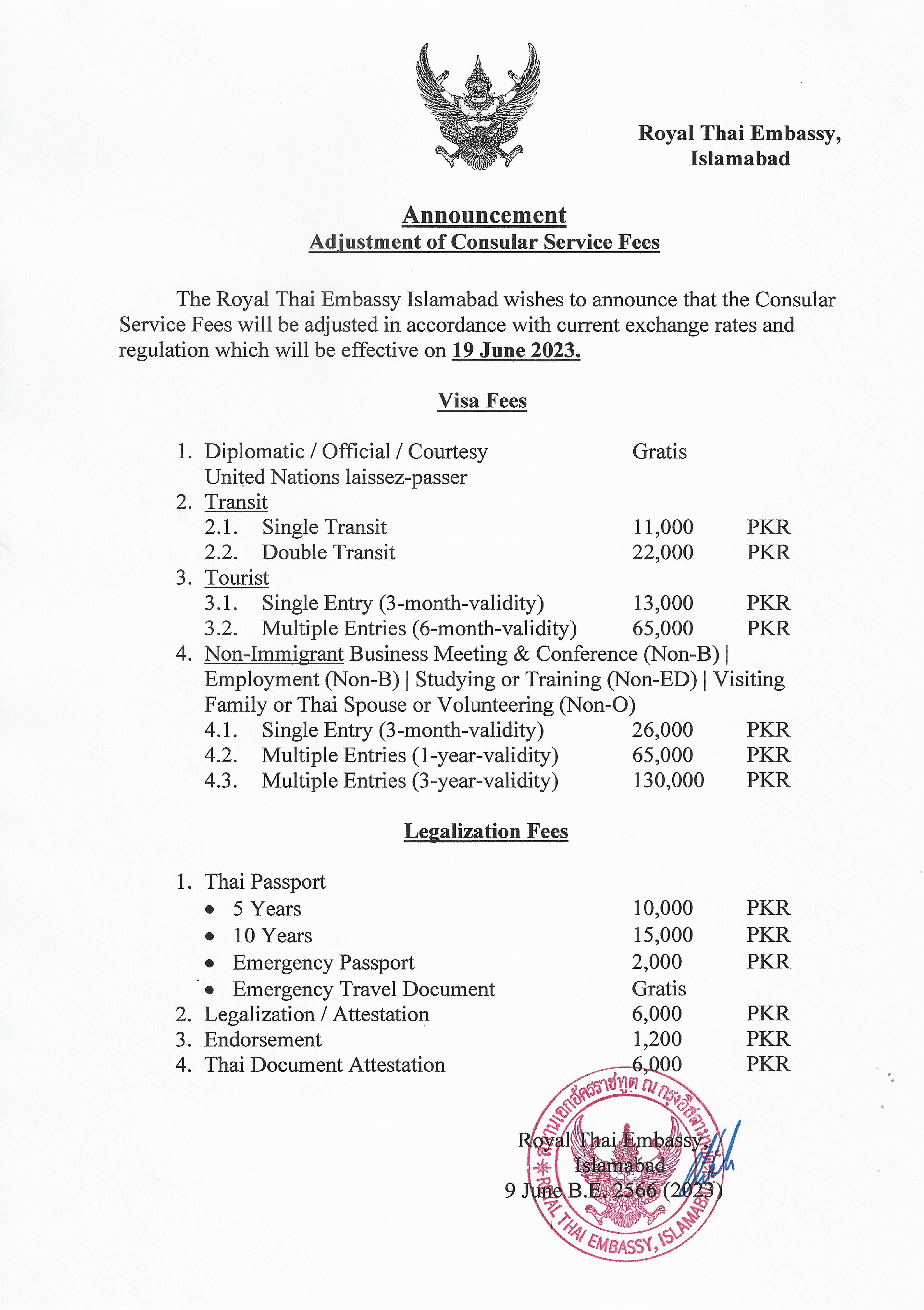 Announcement Adjustment of Consular Service Fees - สถานเอกอัครราชทูต ณ ...