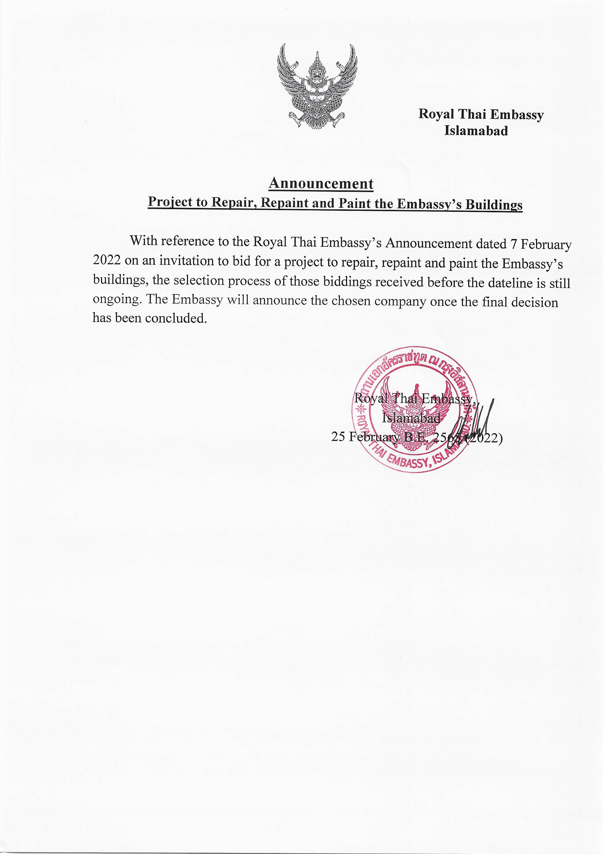 Announcement Project to Repair, Repaint and Paint the Embassy's ...