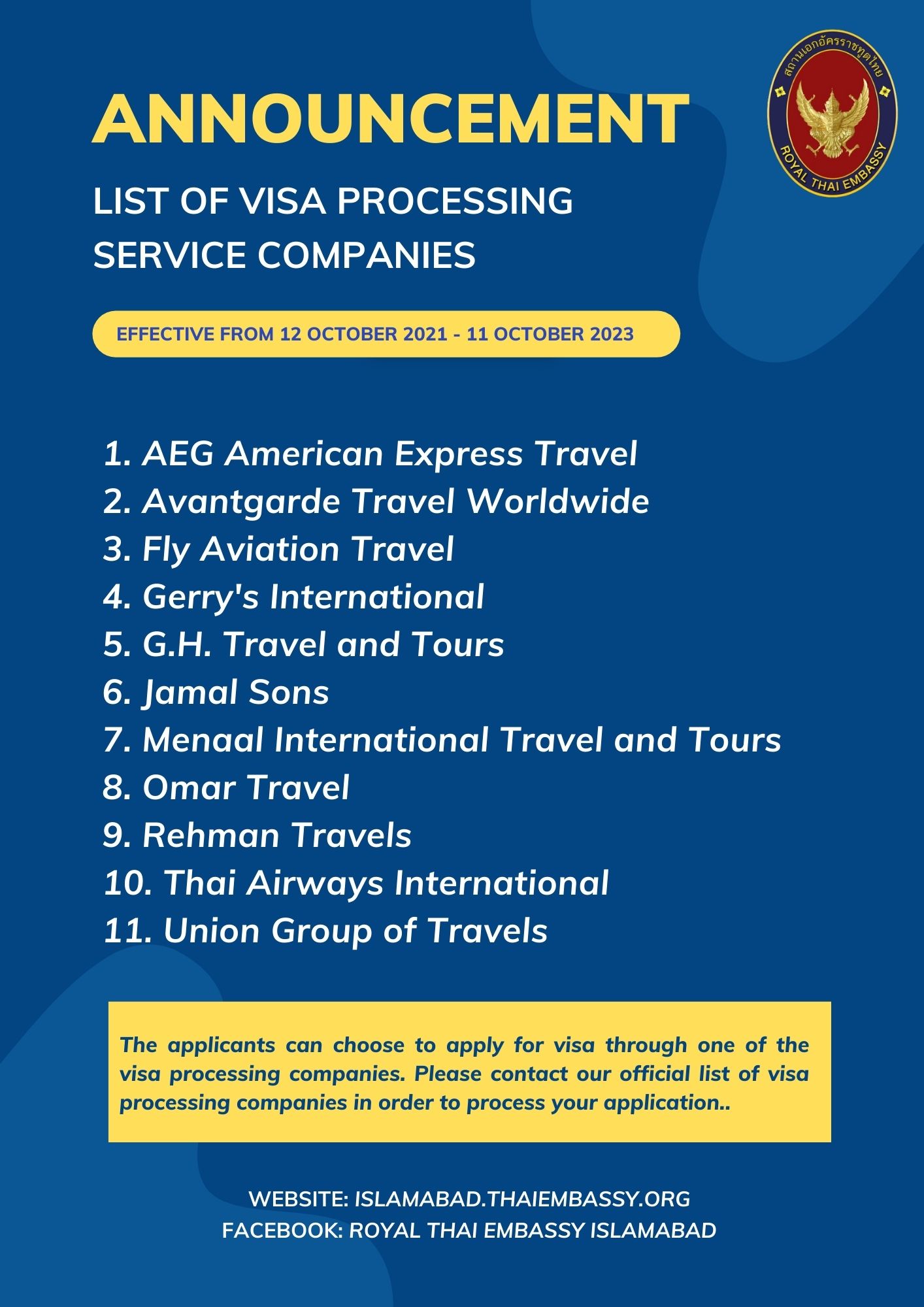 Authorized Visa Drop Box Agents - Royal Thai Embassy, Islamabad, Pakistan