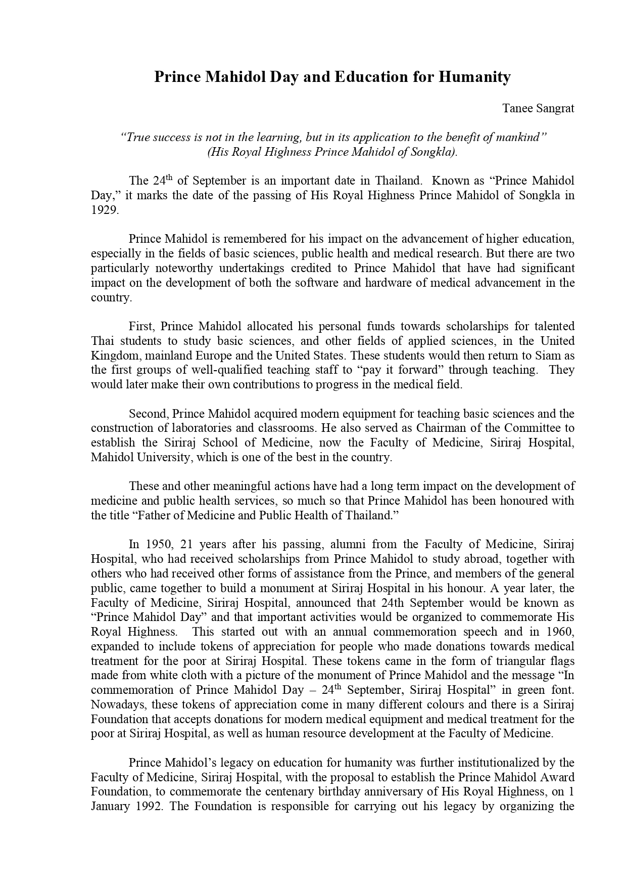 Article in Commemoration of Prince Mahidol Day and Education for ...