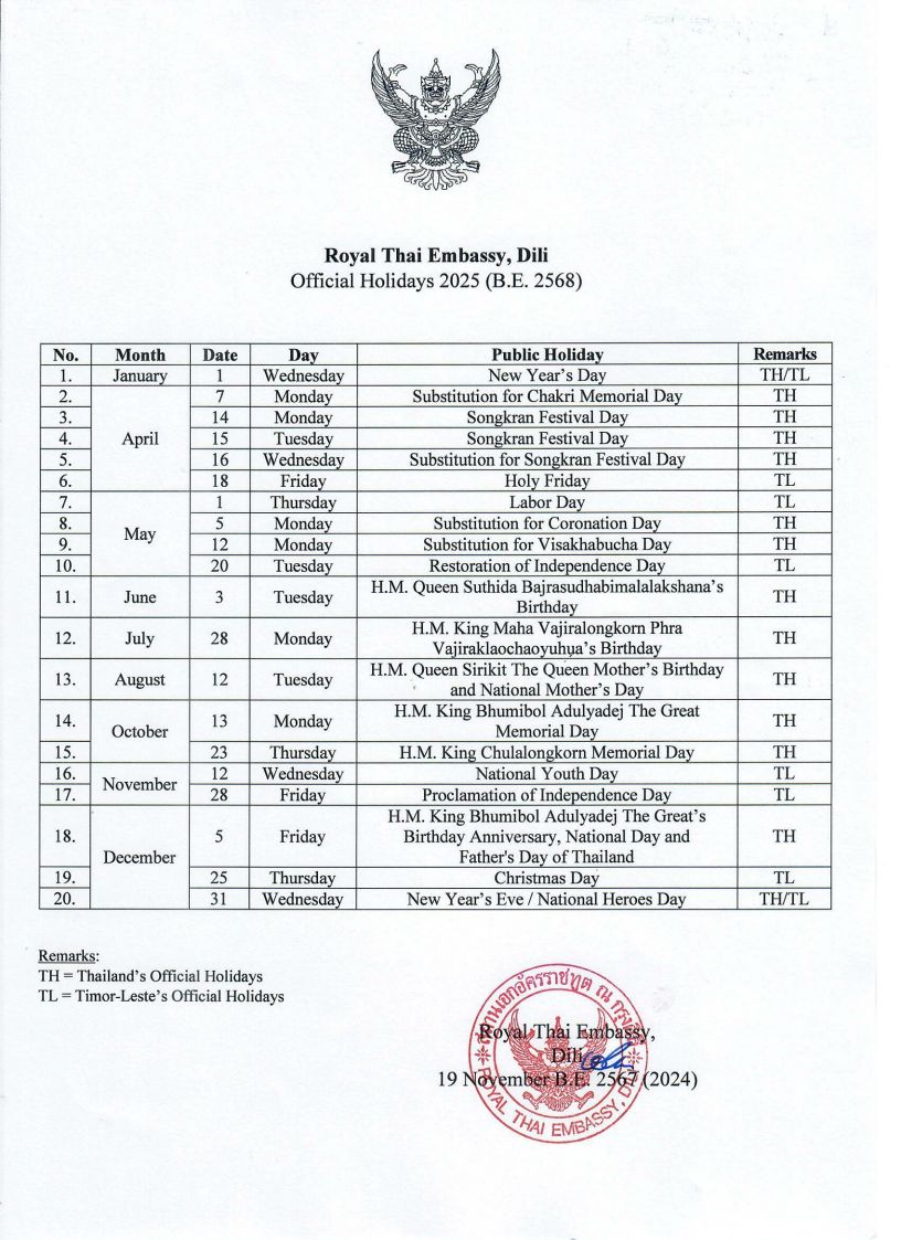 Official Holidays of the Royal Thai Embassy, Dili 2025 - สถาน ...