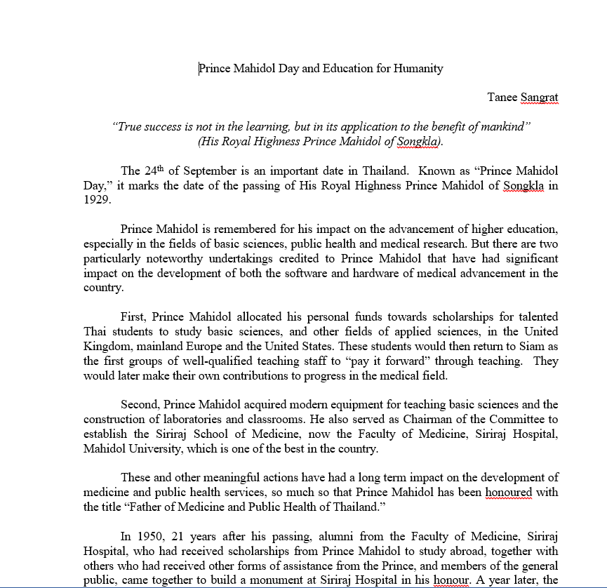 Article on "Prince Mahidol Day and Education for Humanity" - สถาน ...