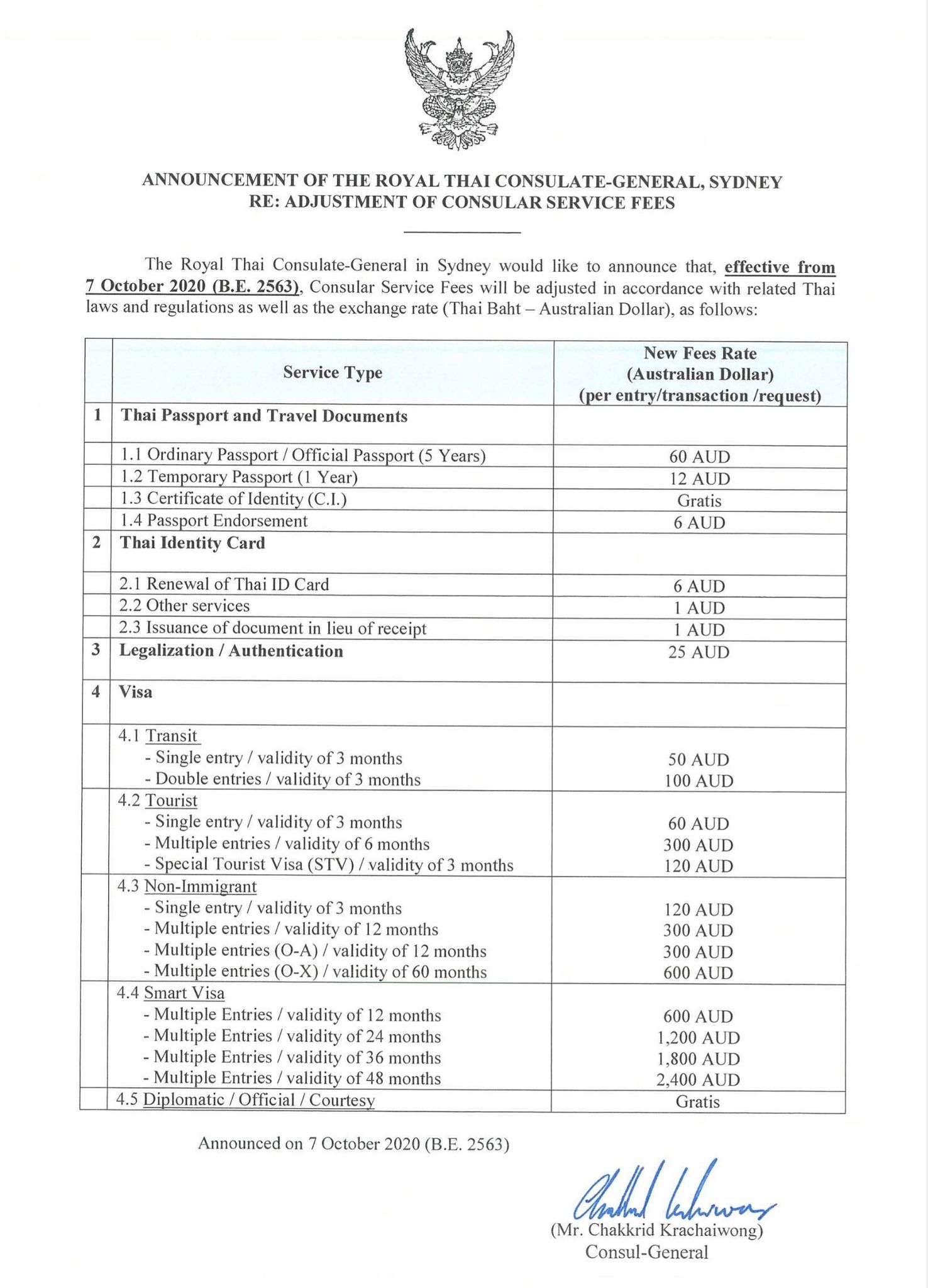 ADJUSTMENT OF CONSULAR SERVICE FEES - สถานกงสุลใหญ่ ณ นครซิดนีย์