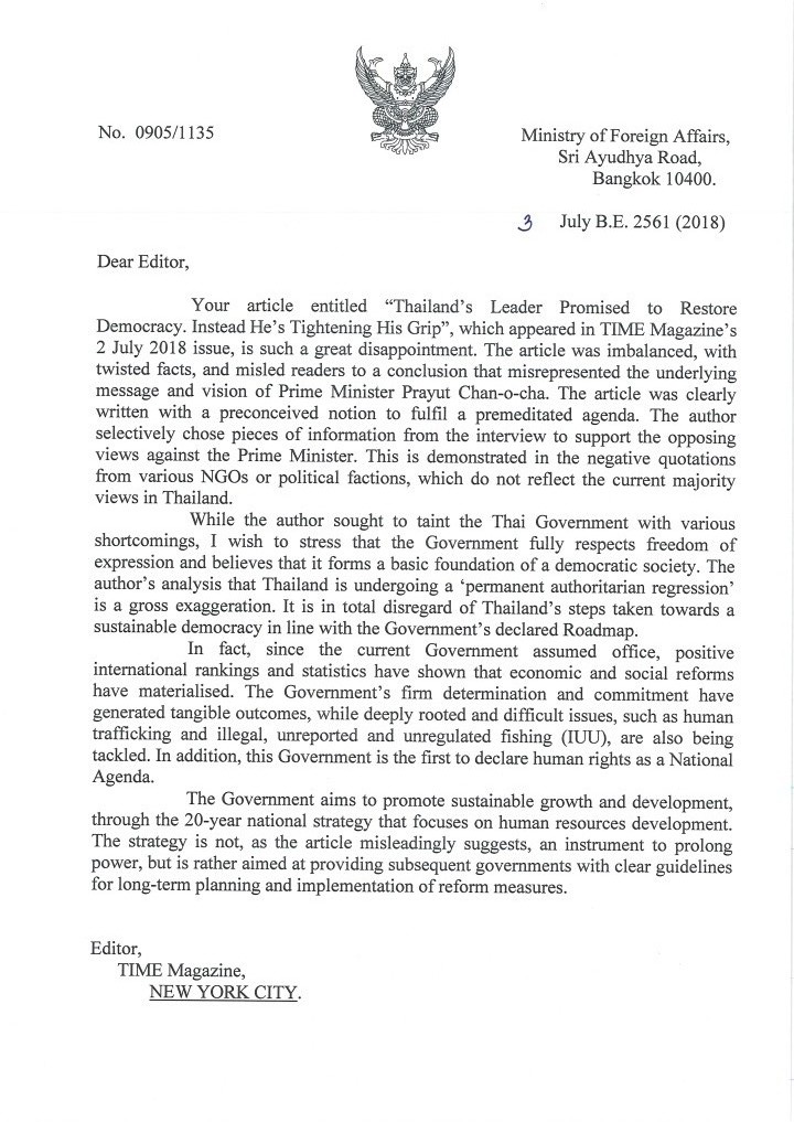 Letter to TIME Magazine on the article “Thailand’s Leader Promised to ...