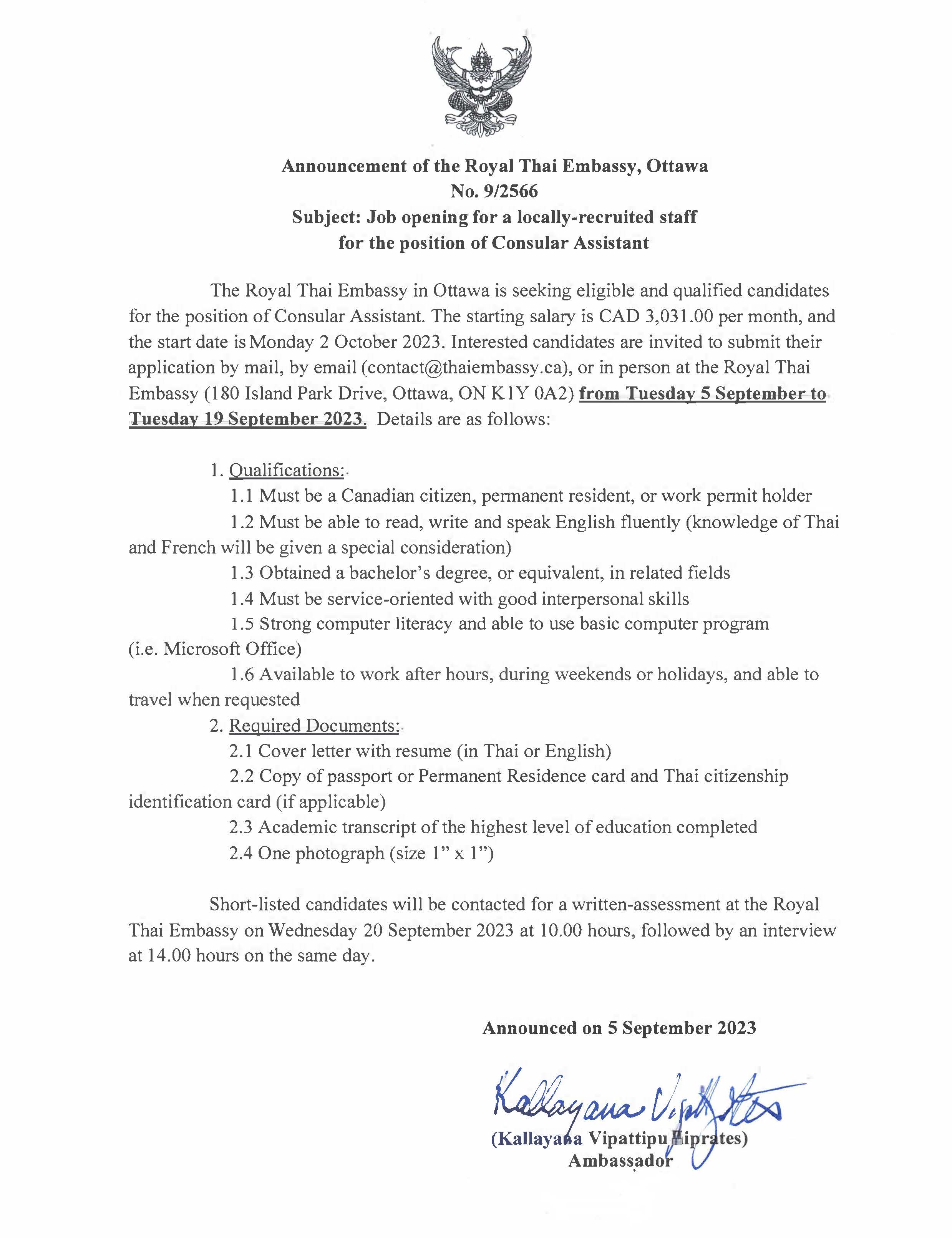 Announcement of the Royal Thai Embassy, Ottawa Subject: Job opening for ...