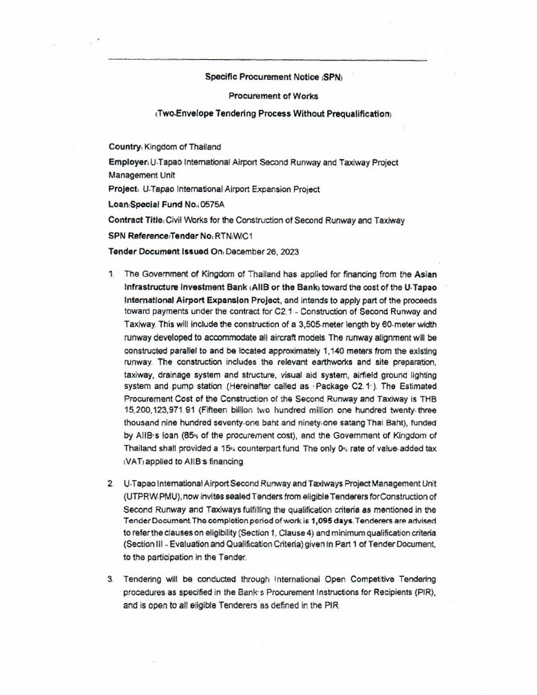 Specific Procurement Notice: Civil Works for the Construction of Second ...