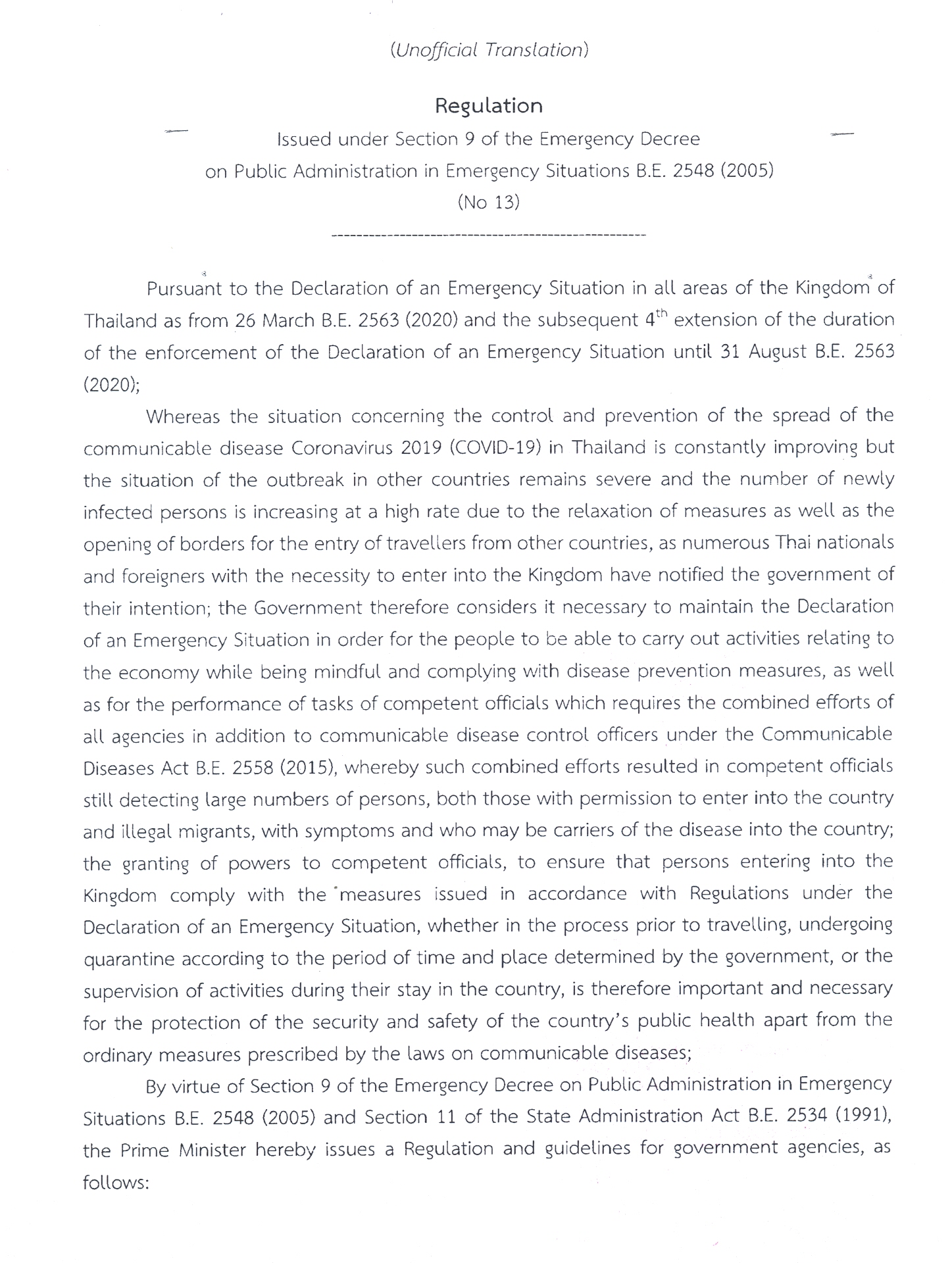 Regulation Issued under Section 9 of the Emergency Decree on Public ...