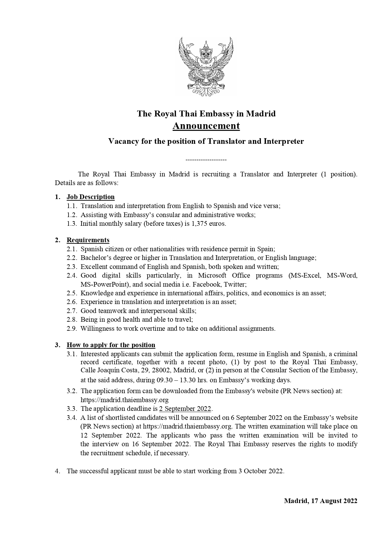 Vacancy for the position of Translator and Interpreter (deadline 2 ...